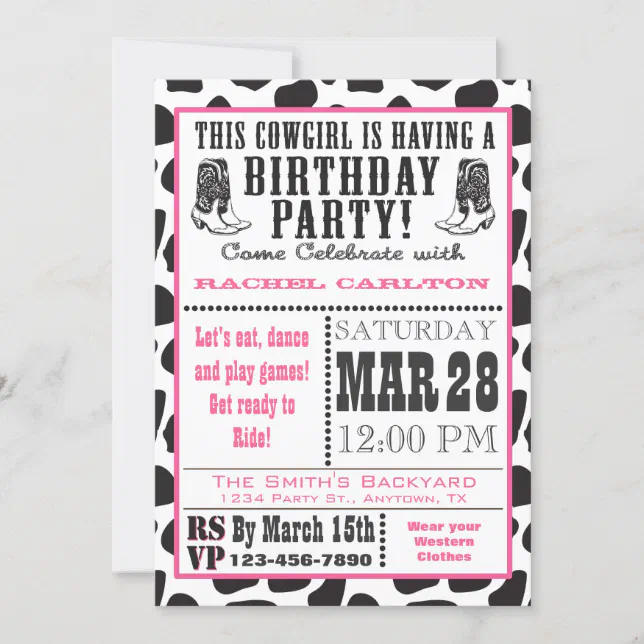 Pink Cow Print Cowgirl Birthday Invitation | Zazzle