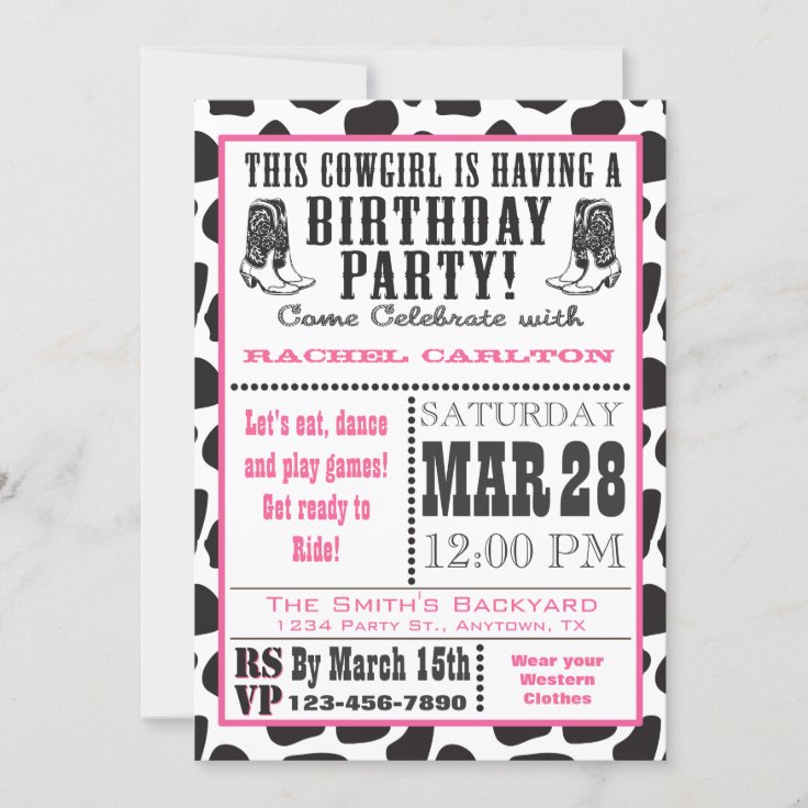 Pink Cow Print Cowgirl Birthday Invitation | Zazzle