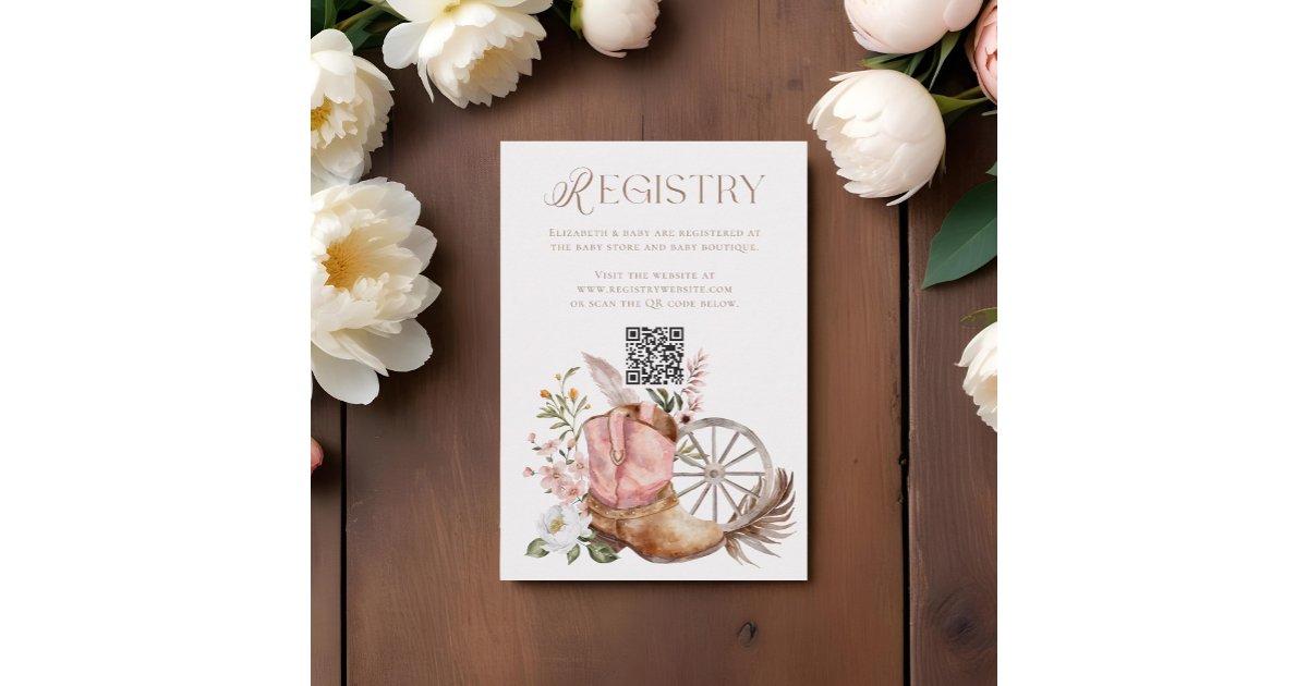 Pink Cowgirl Boot QR Code Registry Baby Shower Enclosure Card | Zazzle