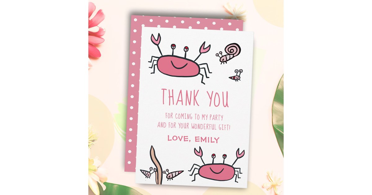 Pink Crab Sea Animals Girl Birthday Thank you Card | Zazzle