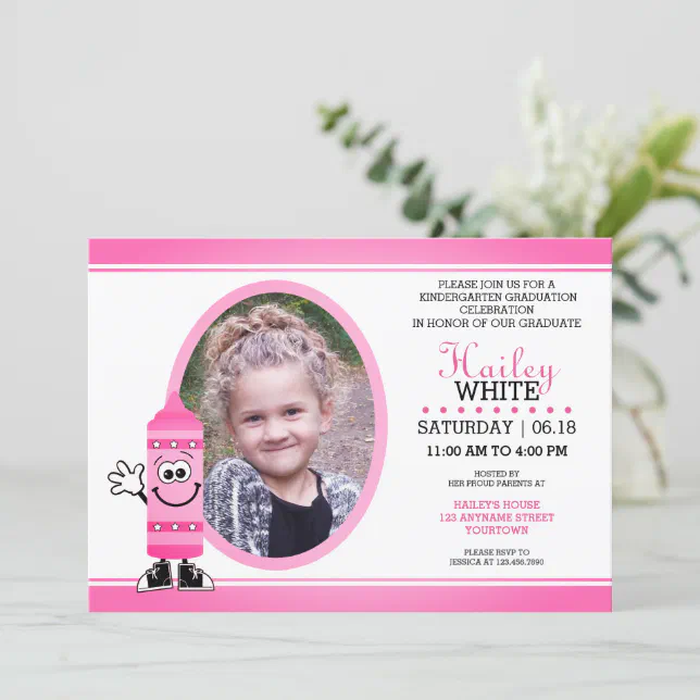 Pink Crayon Kindergarten Grad Party Invitations | Zazzle