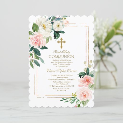 Pink Cream Floral Geometric First Holy Communion Invitation | Zazzle