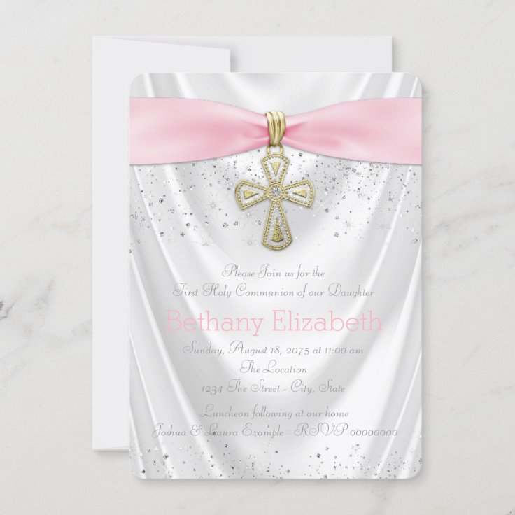 Pink Cross First Communion White Satin Glitter Invitation | Zazzle