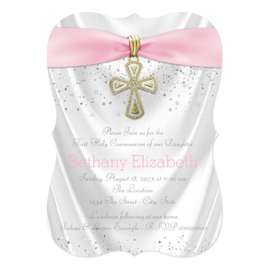Pink Cross First Communion White Satin Pink Invitation | Zazzle.com