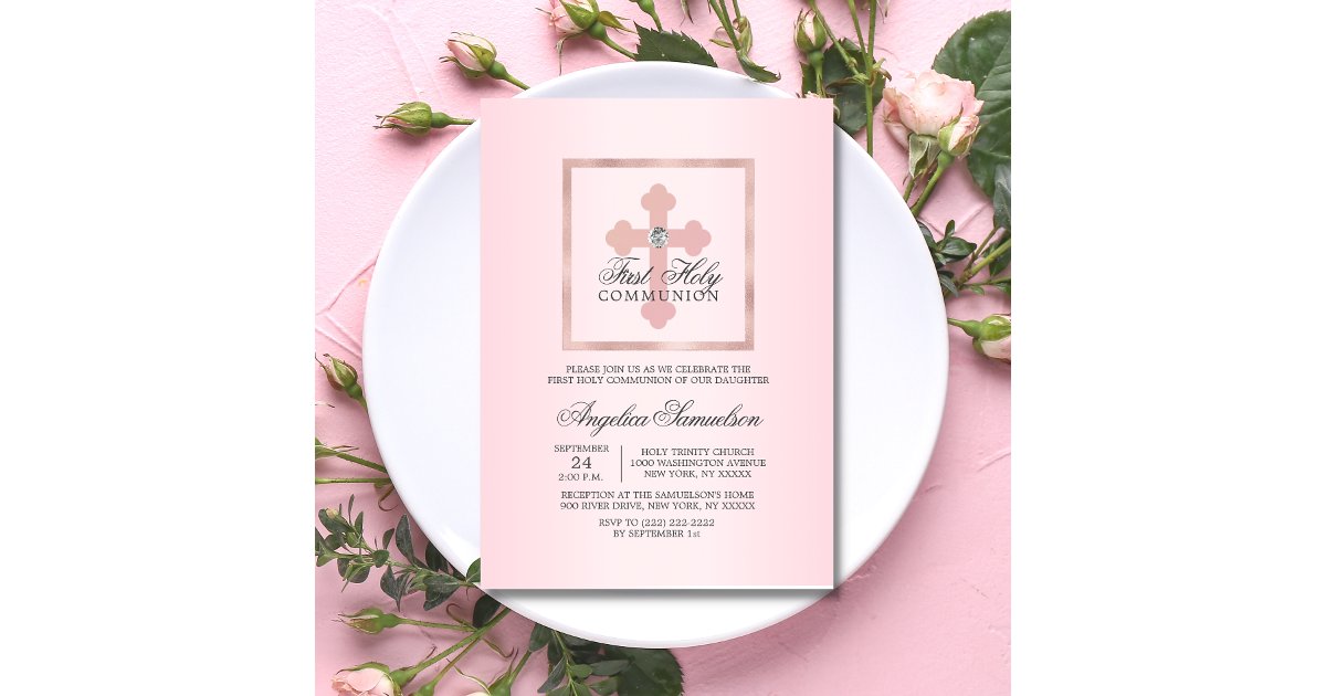 Pink Cross First Holy Communion GIRL Invitation | Zazzle