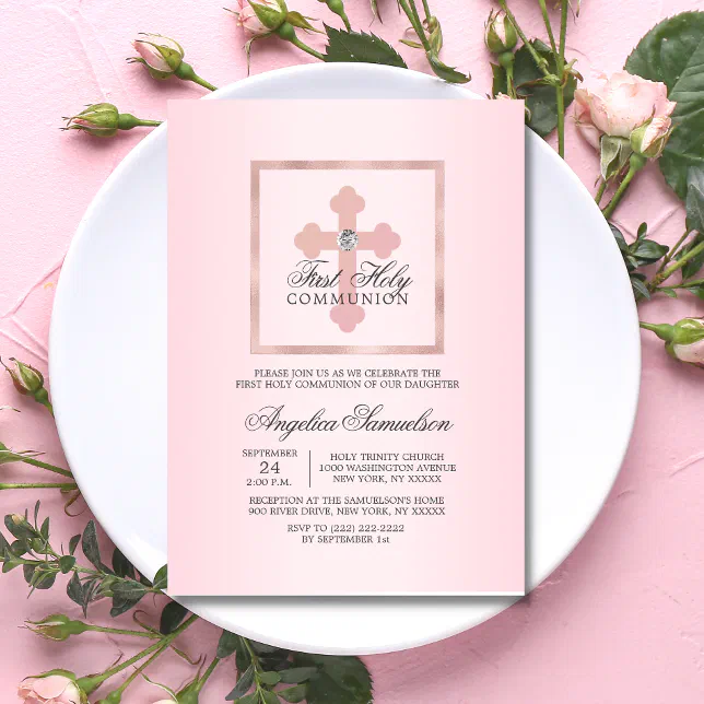 Pink Cross First Holy Communion GIRL Invitation | Zazzle