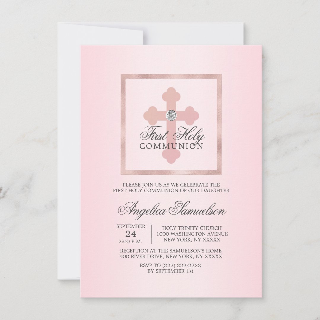Pink Cross First Holy Communion GIRL Invitation | Zazzle