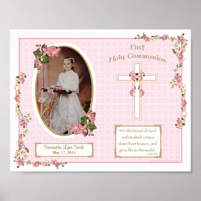 Pink Cross First Holy Communion Personalized 11x14 Poster | Zazzle