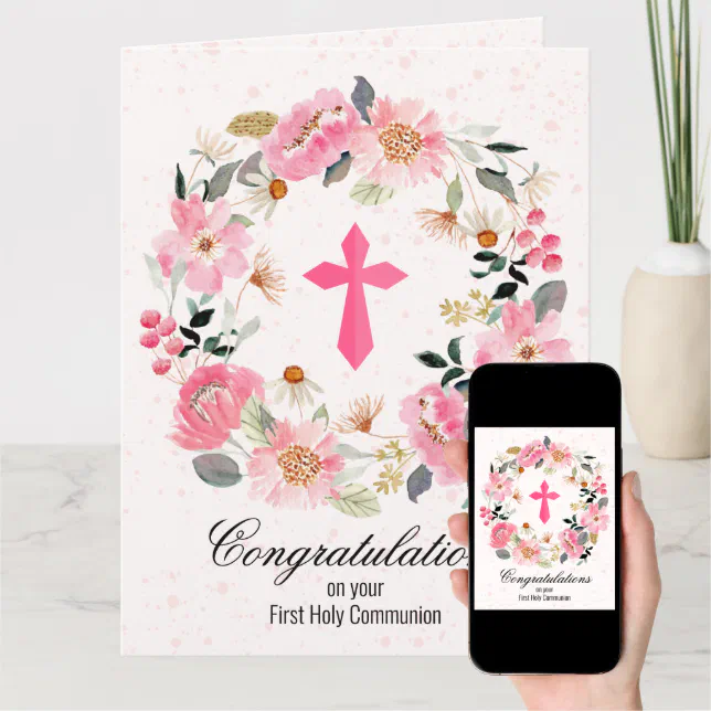 Pink Cross Floral Wreath First Communion Card | Zazzle
