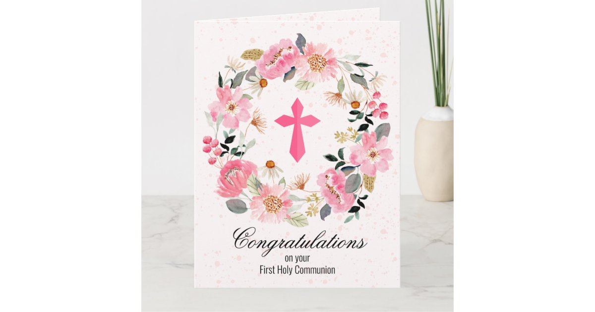 Pink Cross Floral Wreath First Communion Card | Zazzle