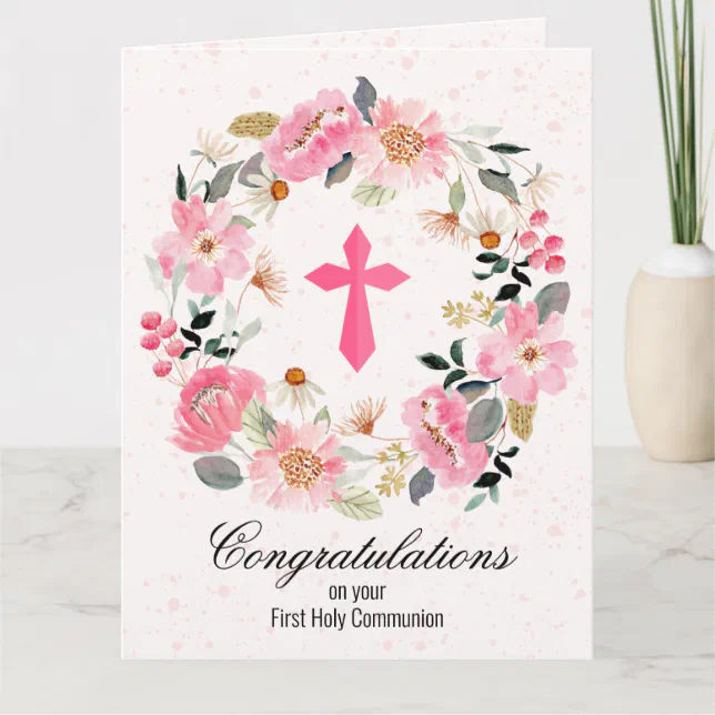 Pink Cross Floral Wreath First Communion Card | Zazzle