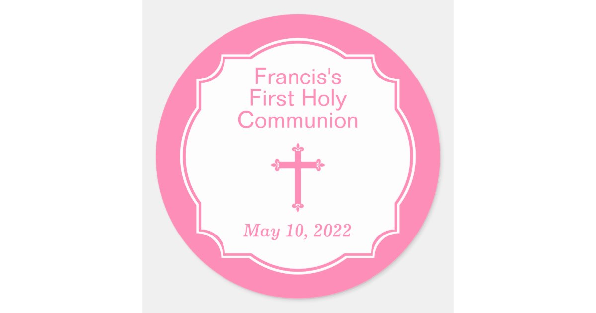 Pink Cross Girl's First Holy Communion Classic Round Sticker | Zazzle