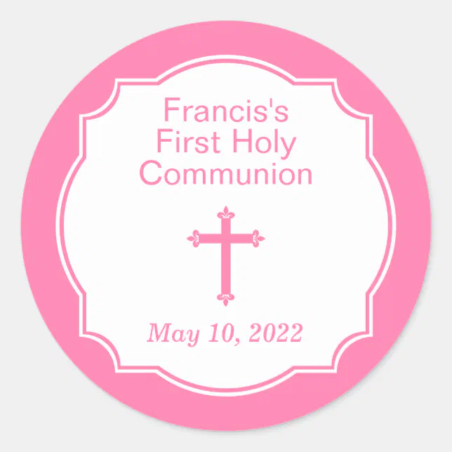 Pink Cross Girl's First Holy Communion Classic Round Sticker | Zazzle