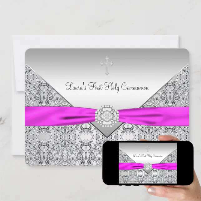 Pink Cross Girls Pink First Communion Invitation | Zazzle