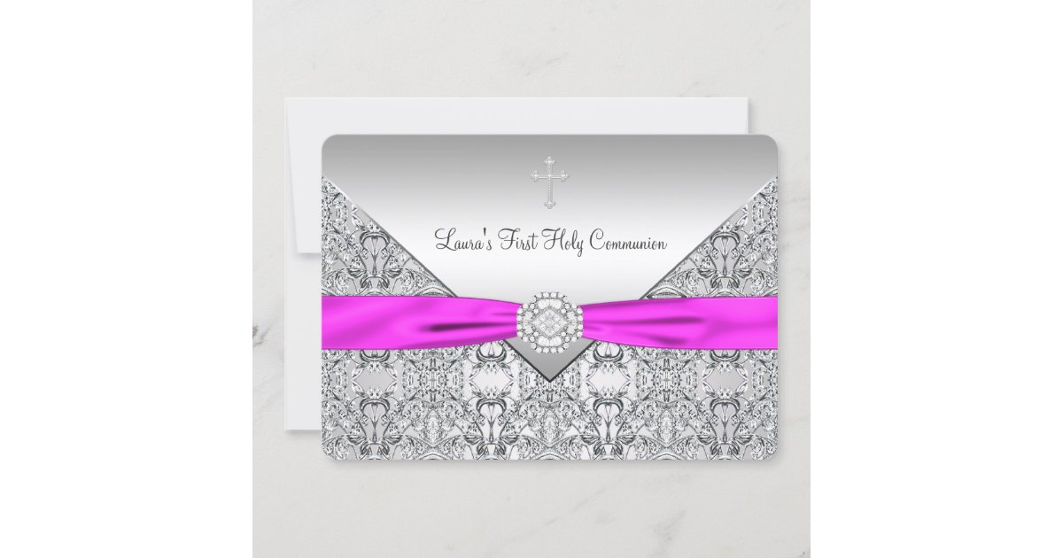 Pink Cross Girls Pink First Communion Invitation | Zazzle