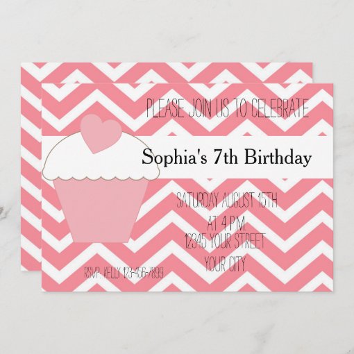 Pink Cupcake and Chevron Birthday Invitation | Zazzle