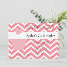 Pink Cupcake and Chevron Birthday Invitation | Zazzle