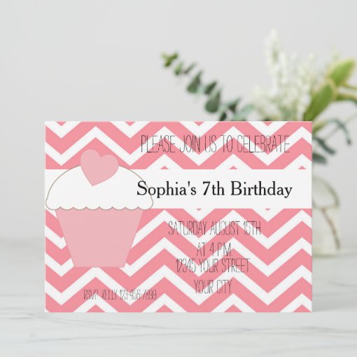 Pink Cupcake and Chevron Birthday Invitation | Zazzle