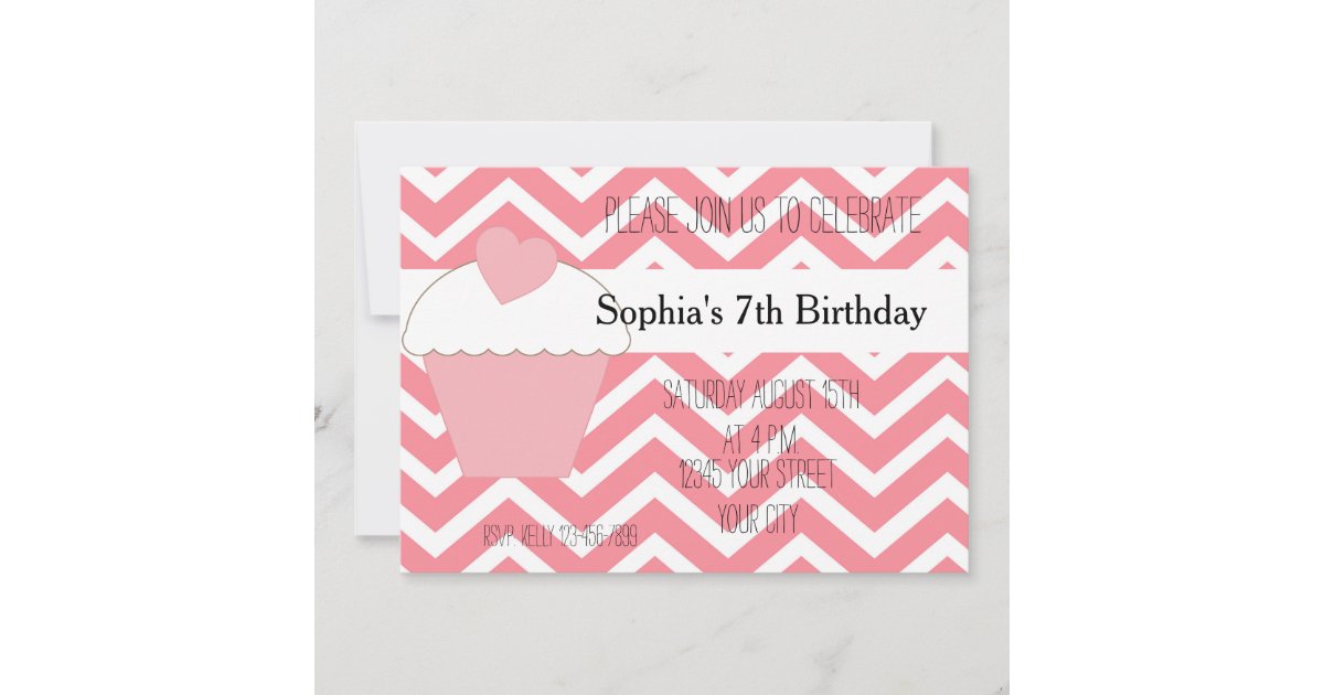 Pink Cupcake and Chevron Birthday Invitation | Zazzle