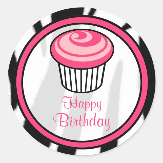 Pink Cupcake Birthday Sticker - Black Zebra Print | Zazzle
