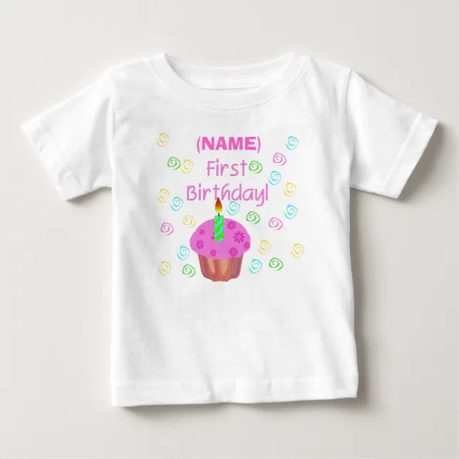 Pink Cupcake First Birthday Customized Baby T-Shirt | Zazzle