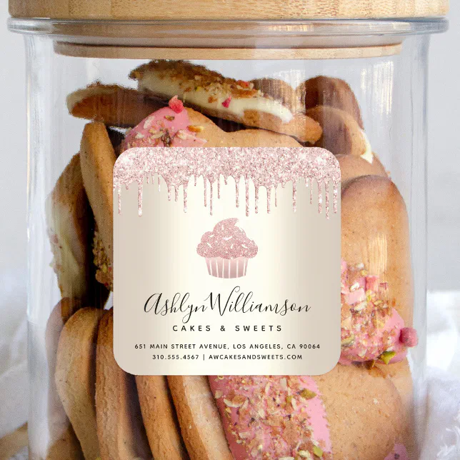Pink Cupcake Glitter Drips Gold Pastry Chef Bakery Square Sticker | Zazzle