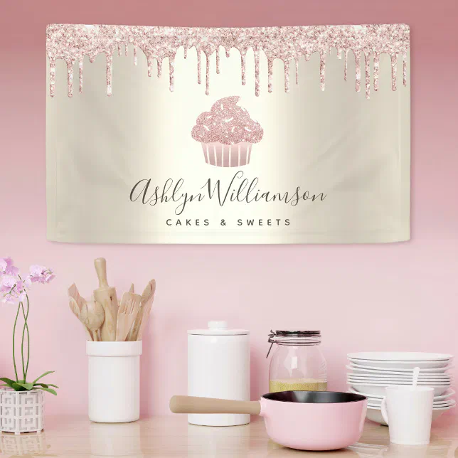Pink Cupcake Glitter Drips Pastry Chef Bakery Gold Banner | Zazzle