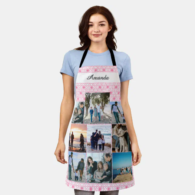 Pink custom Family Photo Collage with name Apron | Zazzle