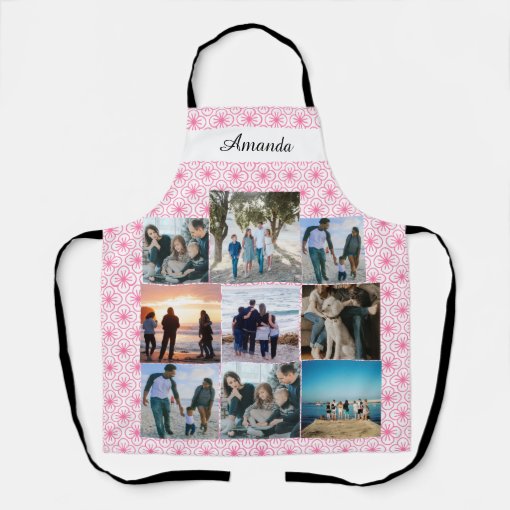 Pink custom Family Photo Collage with name Apron | Zazzle
