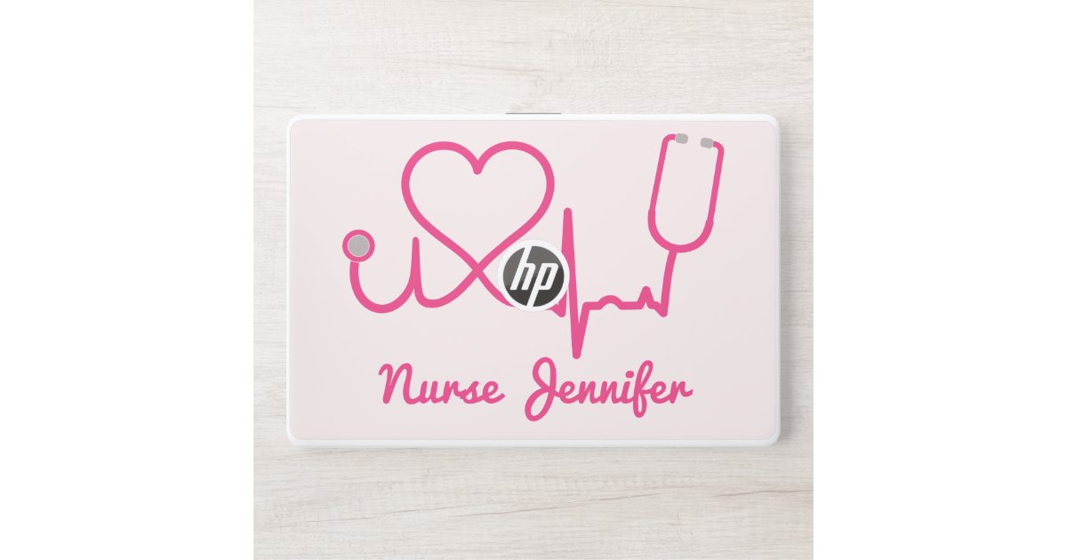 Pink Custom Nurse Name Stethoscope Heart Life Line HP Laptop Skin | Zazzle