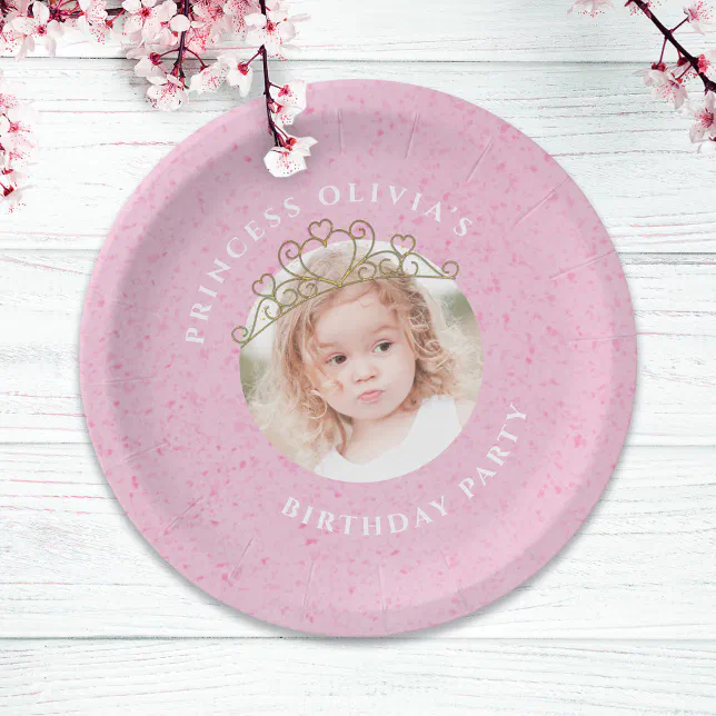 Pink Cute Birthday Photo Princess Tiara Simple Paper Plates | Zazzle