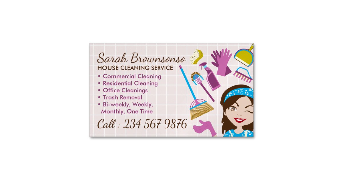 Pink Cute Cleaning Service Janitorial Lady Business Card Magnet | Zazzle