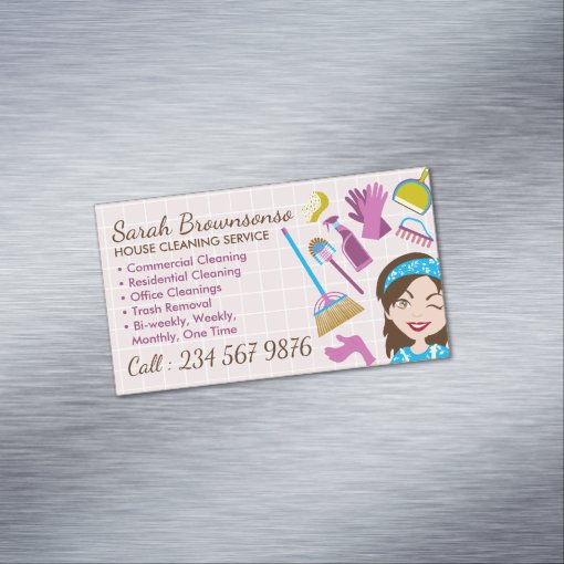 Pink Cute Cleaning Service Janitorial Lady Business Card Magnet | Zazzle
