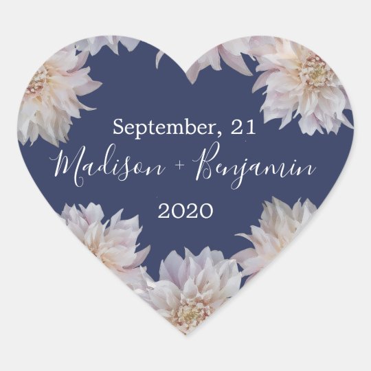 Pink Dahlia Flower Navy Blue Wedding Date Heart Sticker | Zazzle.com