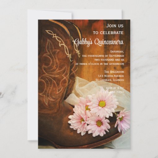 Pink Daisies Cowboy Boots Quinceanera Barn Party Invitation | Zazzle