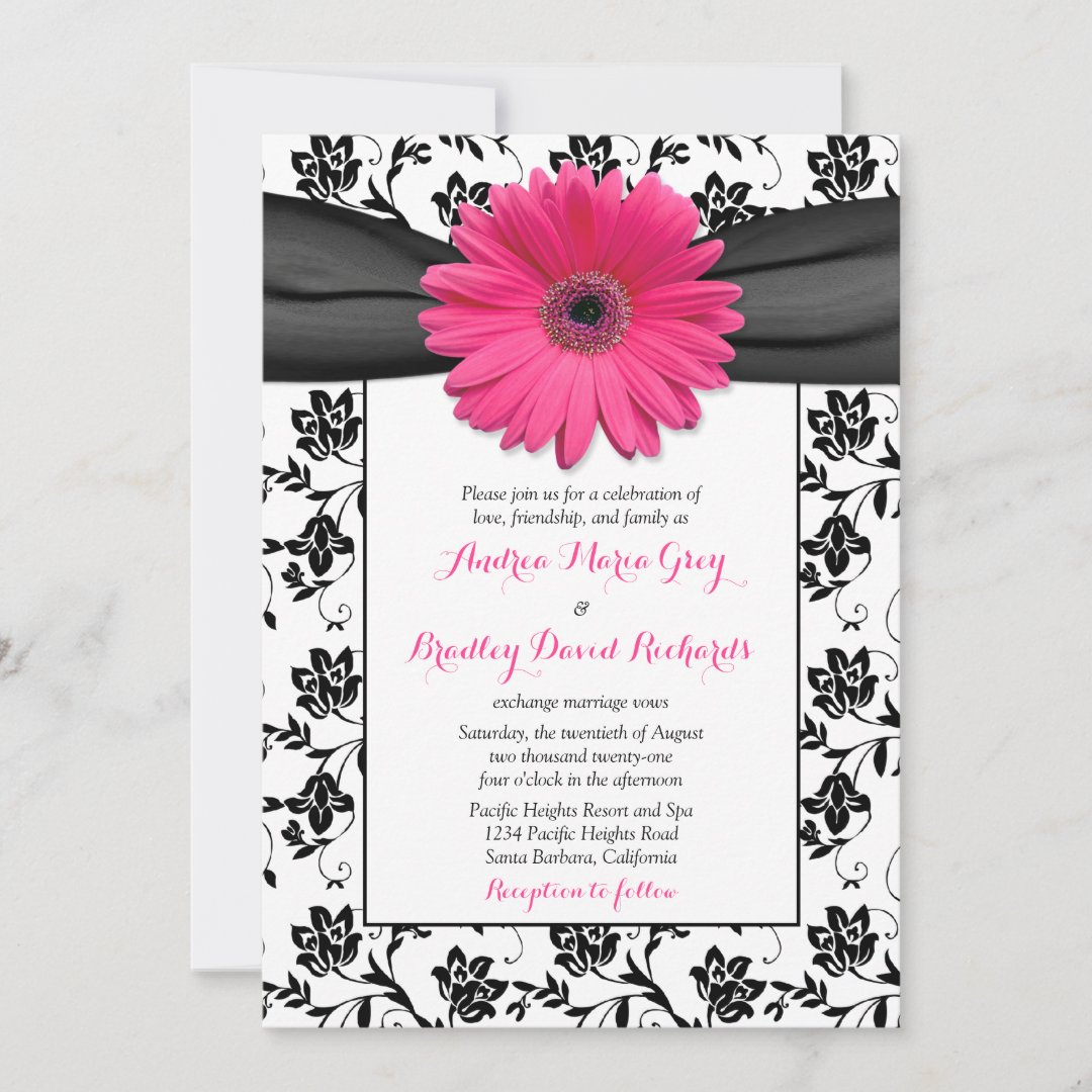 Pink Daisy Black White Floral Wedding Invitation | Zazzle