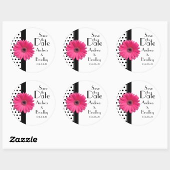 Pink Daisy Black White Polka Dot Wedding Sticker | Zazzle