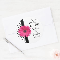 Pink Daisy Black White Polka Dot Wedding Sticker | Zazzle
