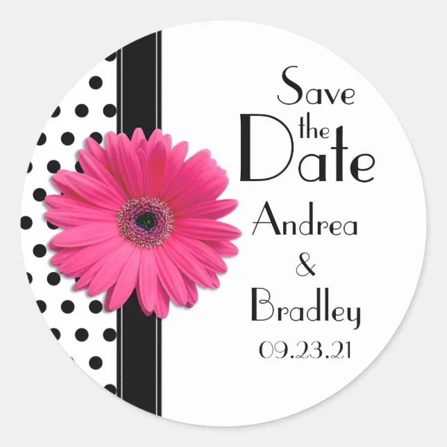 Pink Daisy Black White Polka Dot Wedding Sticker | Zazzle