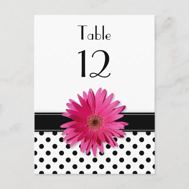 Pink Daisy Black White Polka Dot Wedding Table Postcard | Zazzle