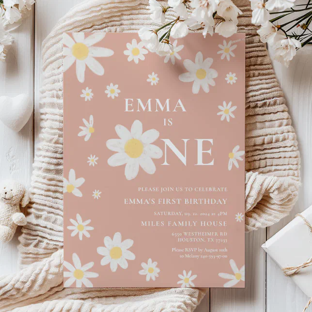 Pink Daisy First 1st Birthday invitation One | Zazzle