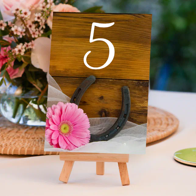 Pink Daisy Horseshoe Country Wedding Table Numbers | Zazzle