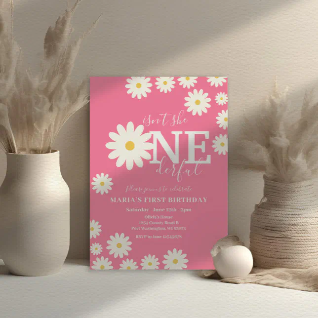 Pink Daisy Isn't she ONEderful First Birthday Invitation | Zazzle