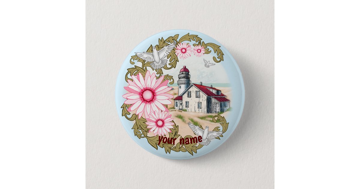 Pink Daisy Lighthouse pin button | Zazzle