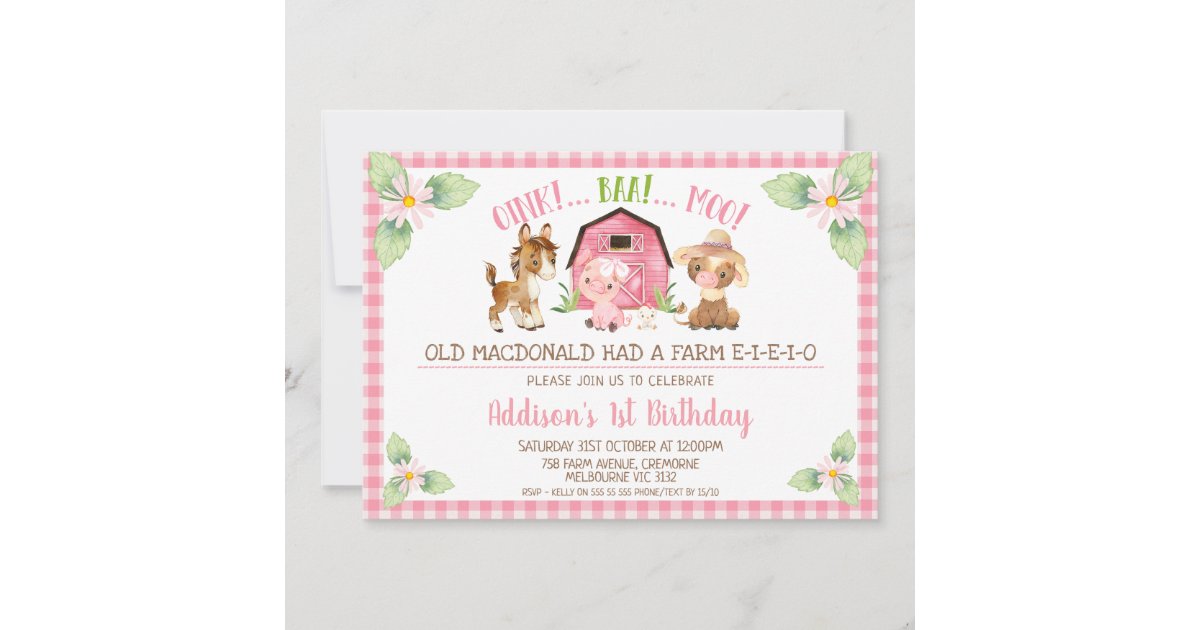 Pink Daisy Oink Baa Moo Farm 1st Birthday Invitation | Zazzle