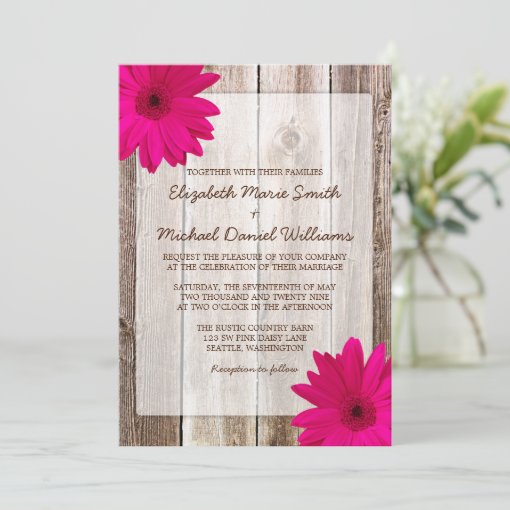 Pink Daisy Rustic Barn Wood Wedding Invitation | Zazzle