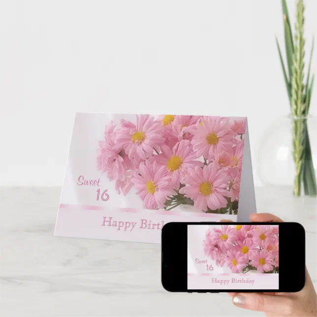 Pink daisy Sweet 16 Birthday card | Zazzle