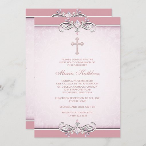 Pink Damask Cross First Communion Invitation | Zazzle