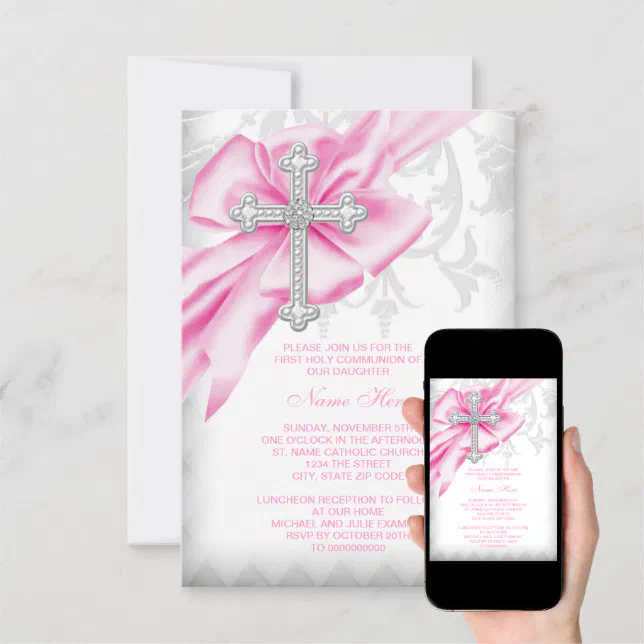 Pink Damask Cross First Communion Invitation | Zazzle