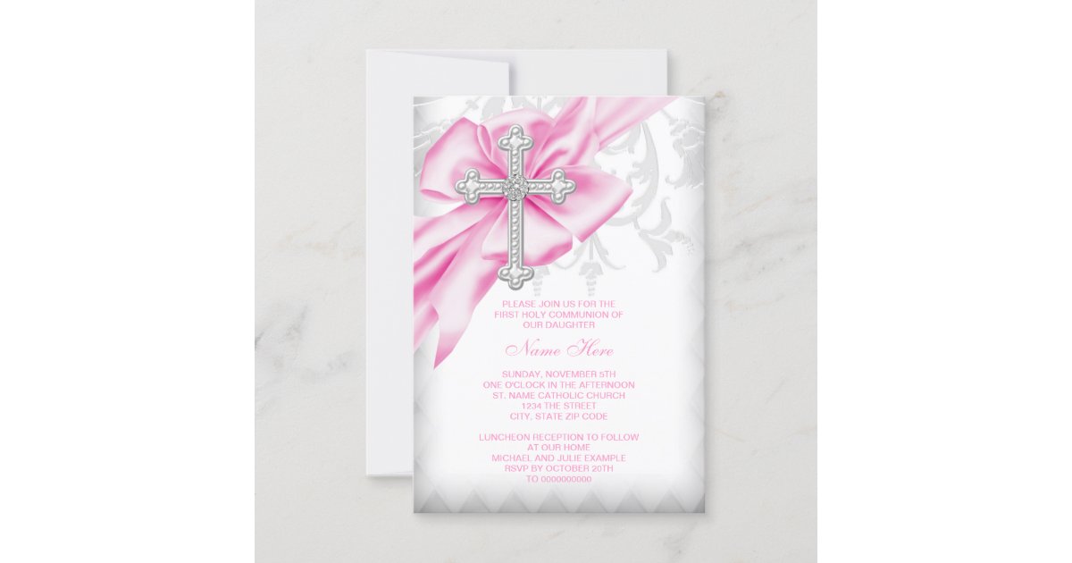 Pink Damask Cross First Communion Invitation | Zazzle